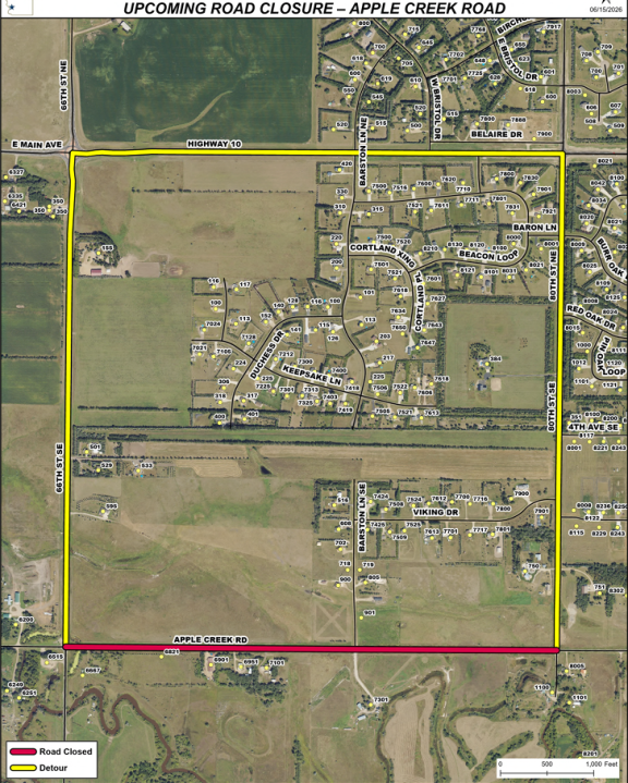 Apple Creek Road closing for roadwork in Burleigh County