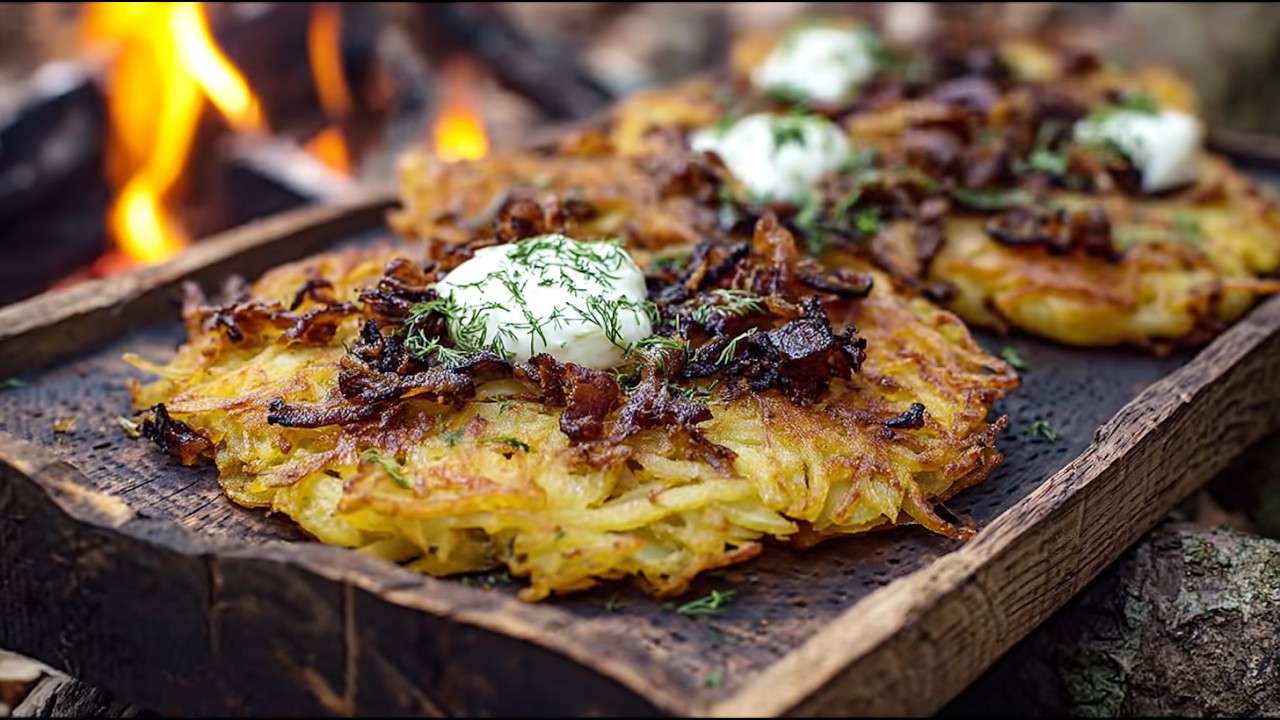 Crispy rösti potatoes over fire!🥔🔥 Swiss bushcraft ASMR