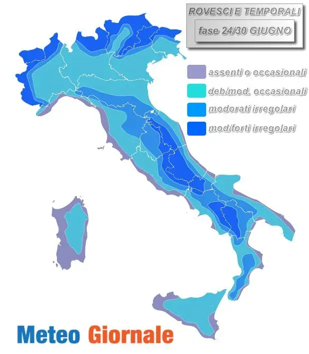 La mappa della settimana più instabile di giugno: temporali estesi