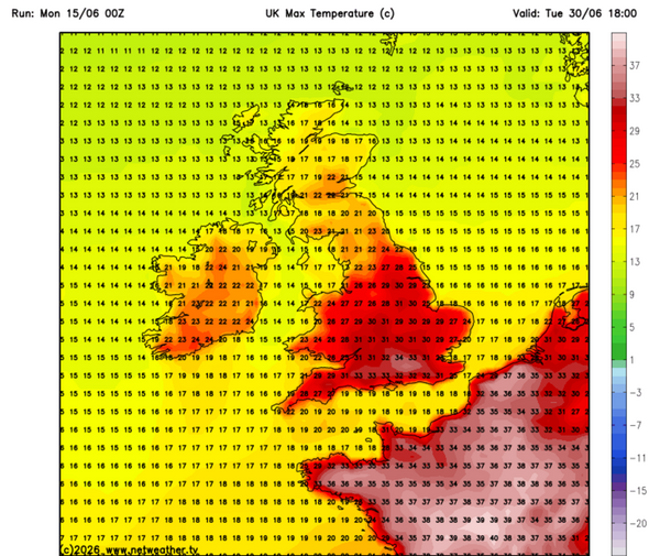 UK weather maps show exact date 34C scorcher hits - 17 counties above 30C