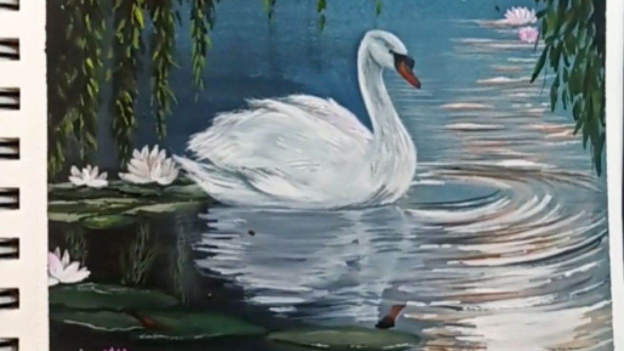 Artist paints a swan sitting on water in a peaceful scene