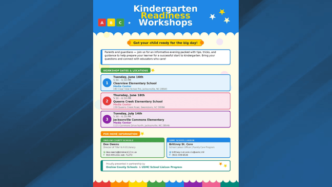 Onslow County Schools hosting kindergarten readiness workshops this summer