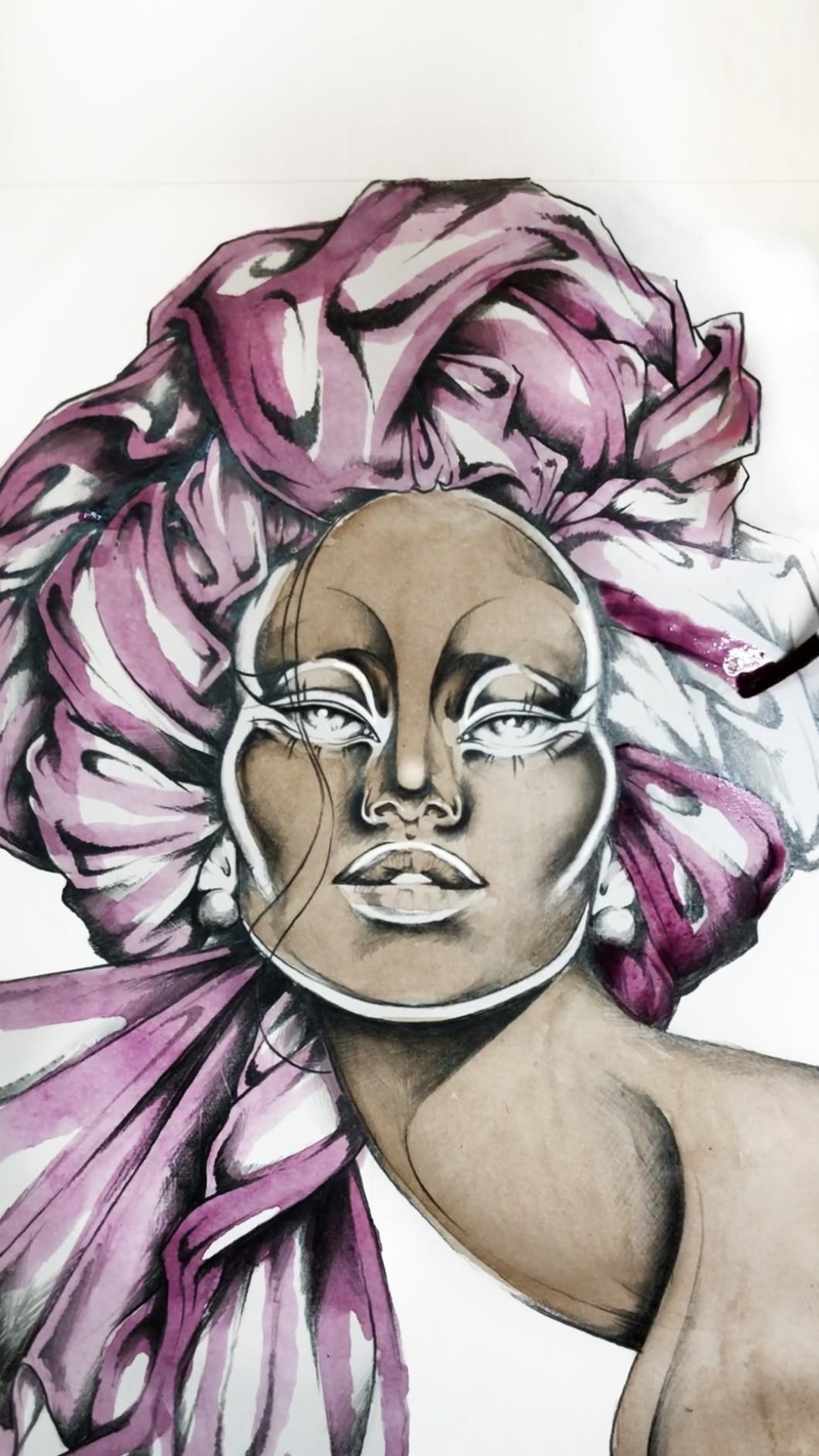 Digital portrait art process two-strand hair detail reveal