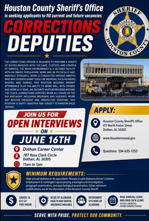 Houston County Sheriff’s Office hiring jail deputies and nurse