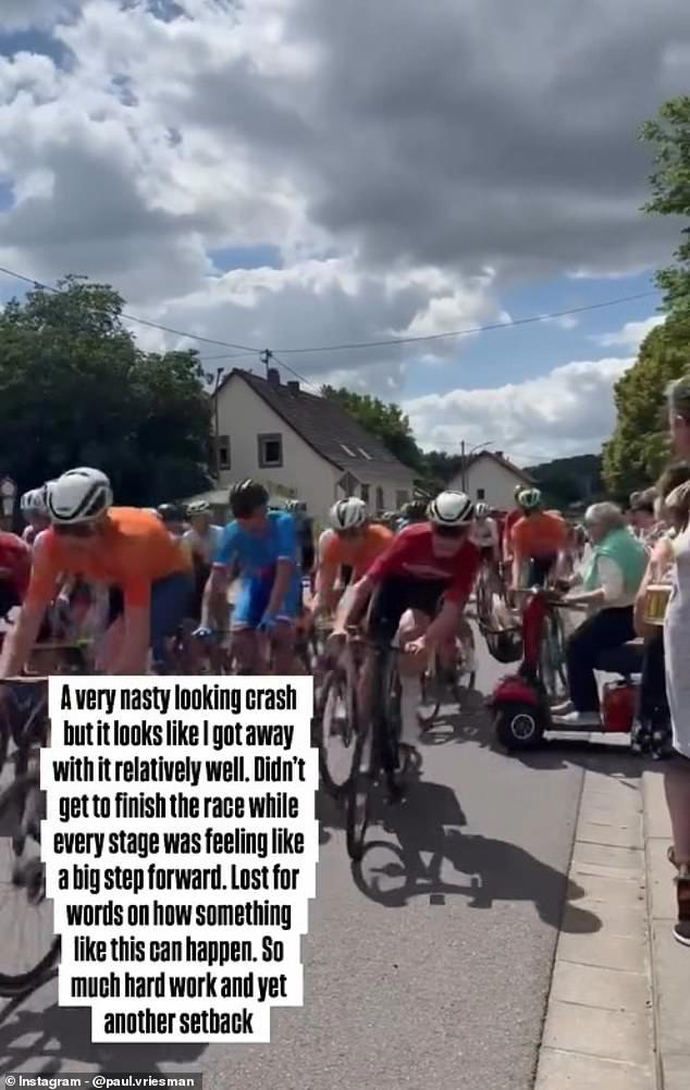 Elderly fan in a mobility scooter causes huge cycling race crash