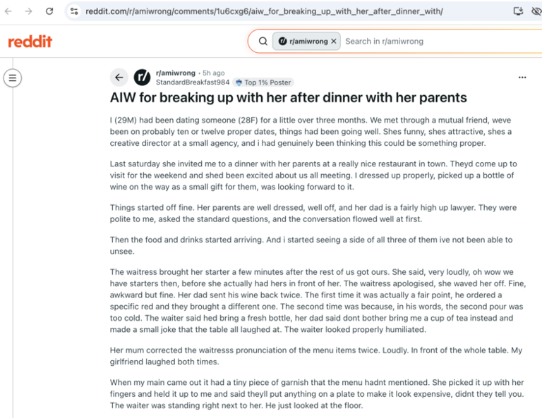 He dumped his girlfriend after going out to dinner with her parents and ...