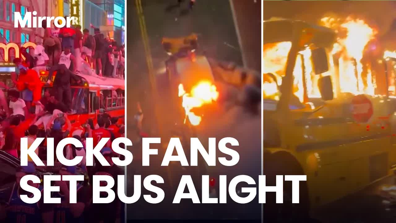Knicks fans set school bus ablaze in Times Square during championship ...