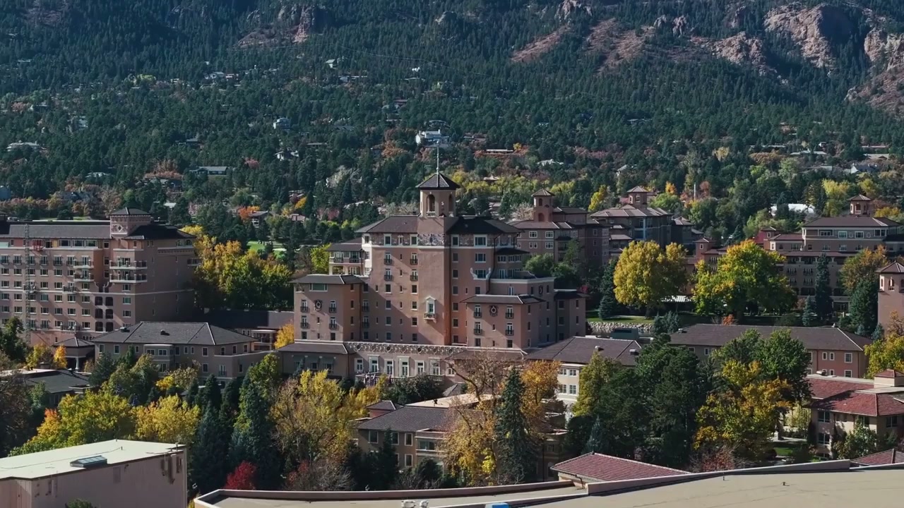 Drone view of the Broadmoor beneath Colorado’s Rockies