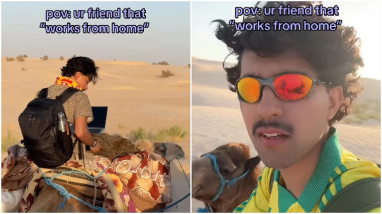 Man attends Zoom call on laptop while riding camel in Sahara, video ...