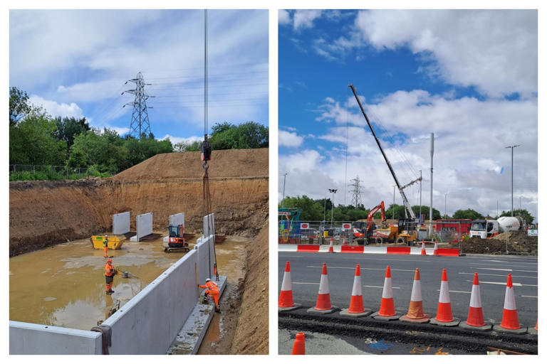 Pictures show construction of underground water tank at Dawsons Corner ...
