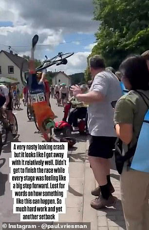 Elderly fan in a mobility scooter causes huge cycling race crash
