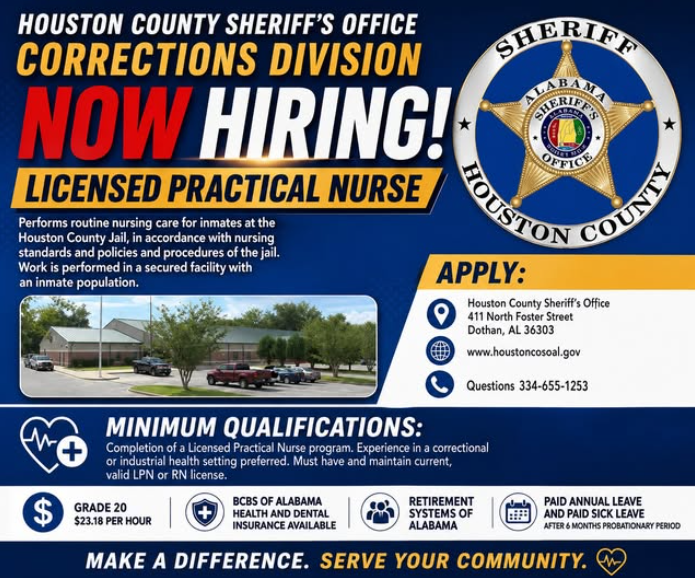 Houston County Sheriff’s Office hiring jail deputies and nurse