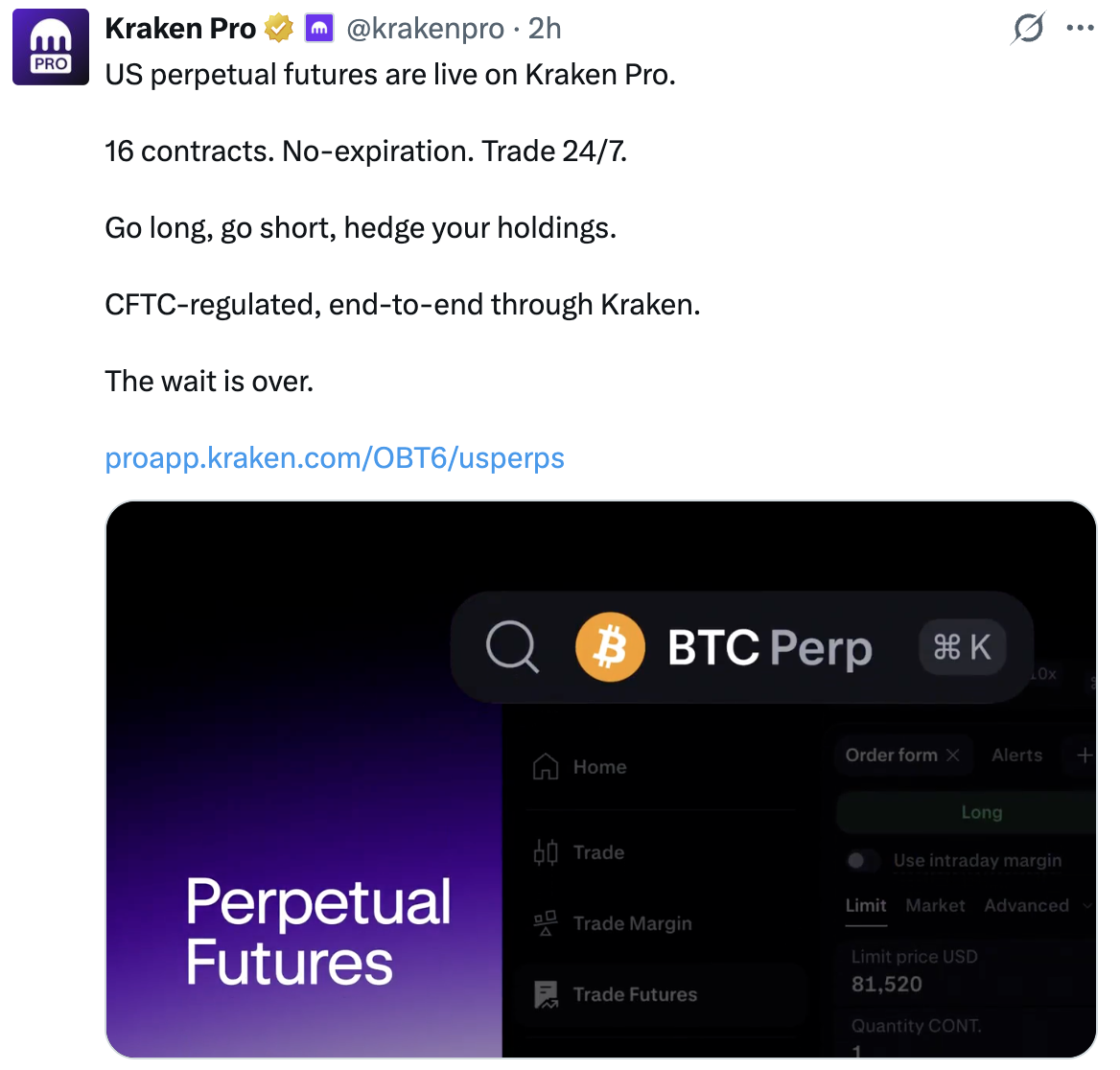 Kraken rolls out perpetual futures for US traders through CFTC ...