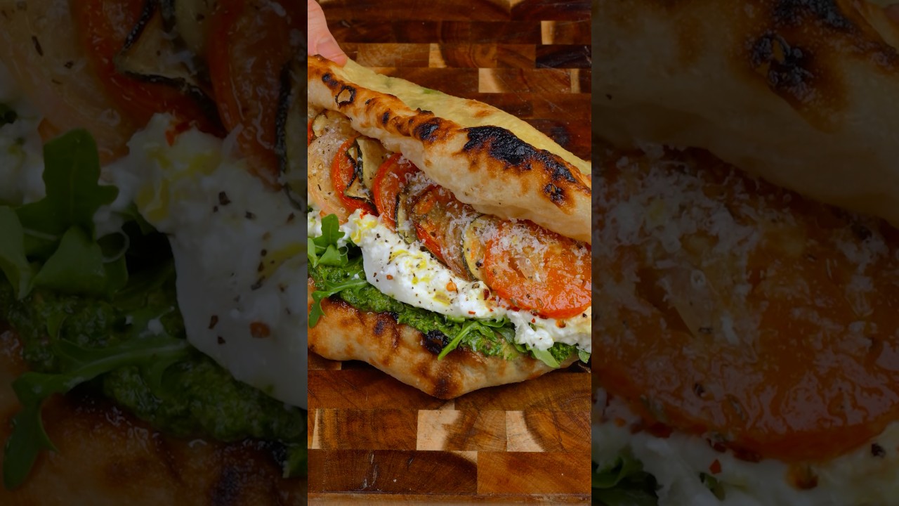 Pizza sandwich series episode #1: Roasted veggies & burrata