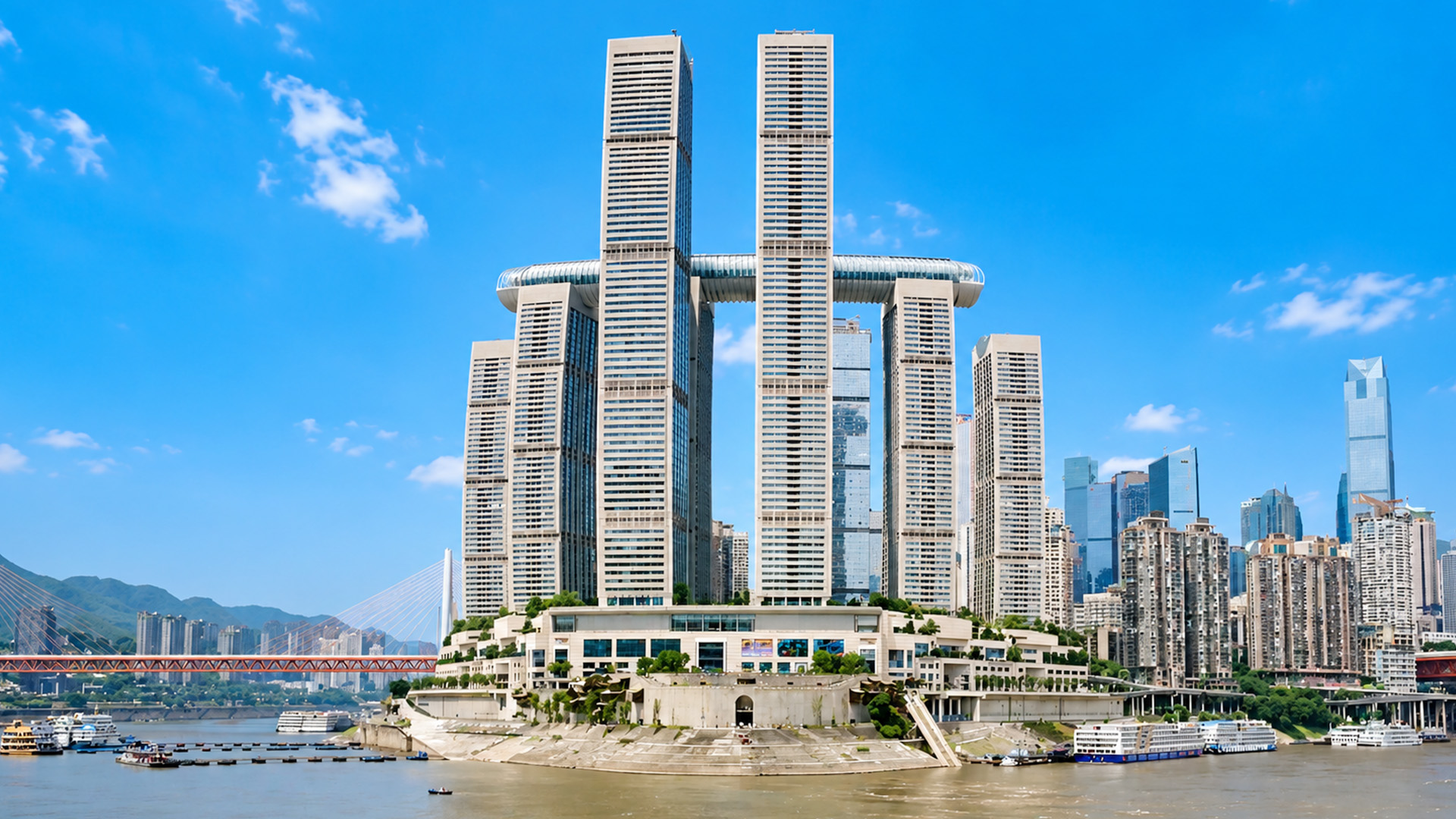China’s giant riverside complex hides gardens boats and sky paths