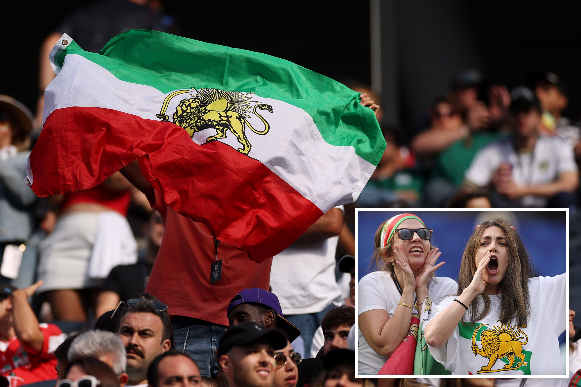 Iranian World Cup soccer fans wave pre-revolutionary flag inside ...