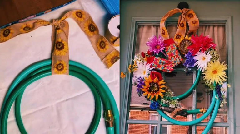 Don't toss an old garden hose, turn it into adorable porch decor