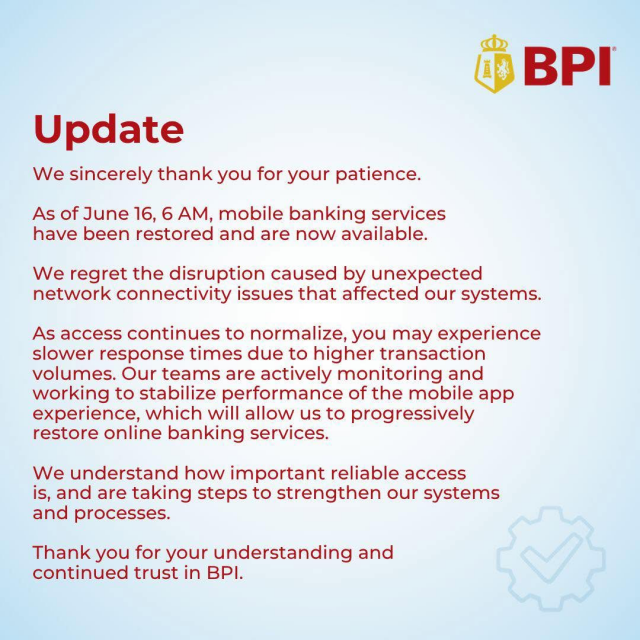 BPI says mobile banking services restored, but response time may be slower