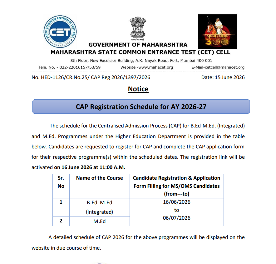 MHT CET CAP counselling 2026 registration schedule out at cetcell ...