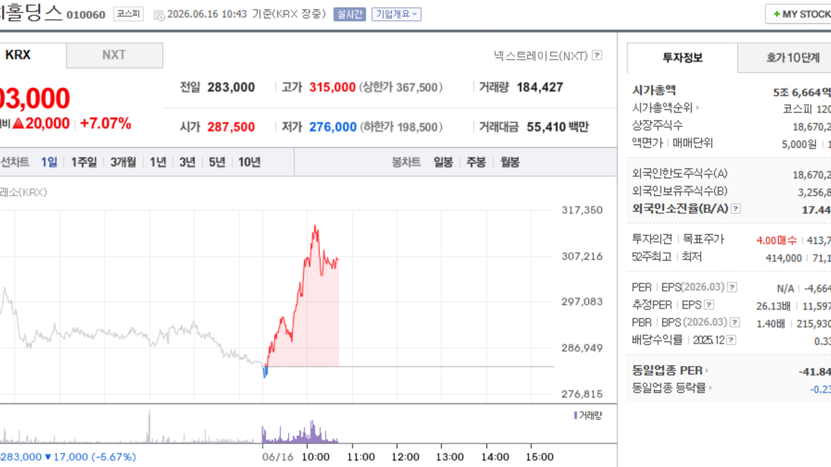 OCI홀딩스 주가, 6월 16일 장중 303,000원 7.07% 상승