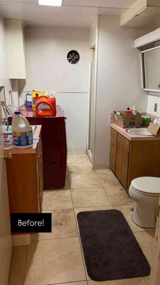 Before: Messy laundry bathroom transformation starts here