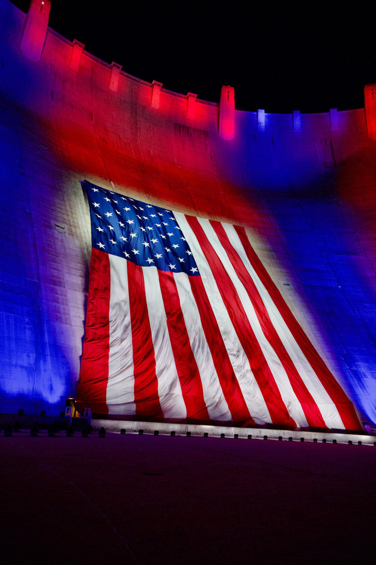 Massive American flag suspended across Hoover Dam back on display