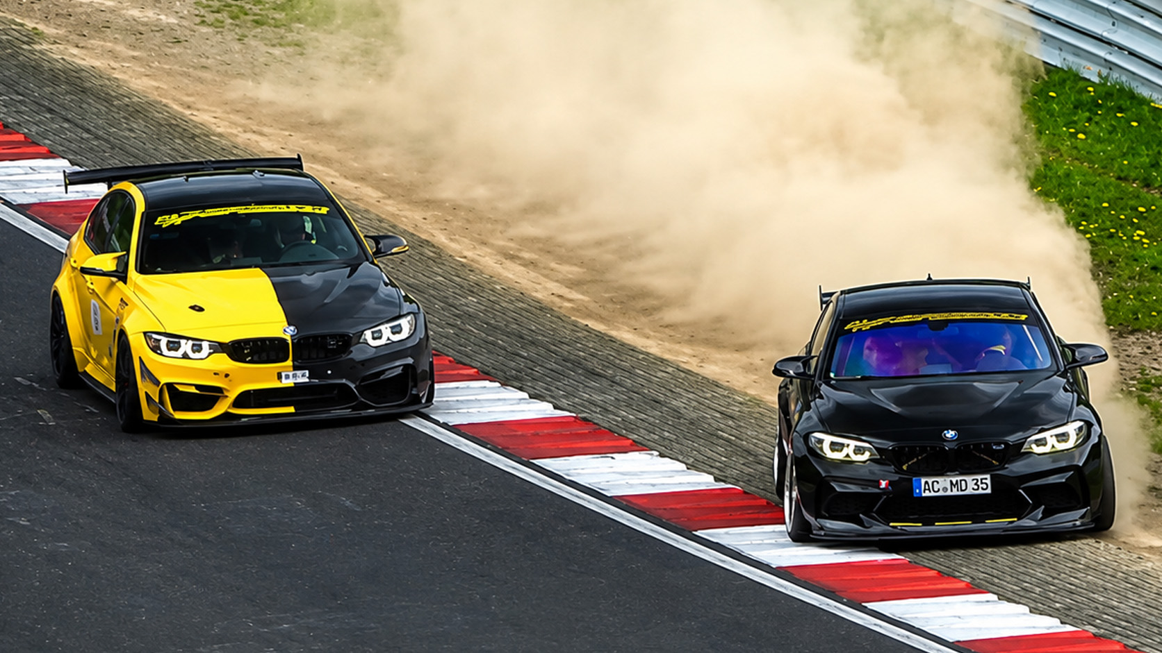 BMW nearly causes a crash after throwing dust during a risky overtake