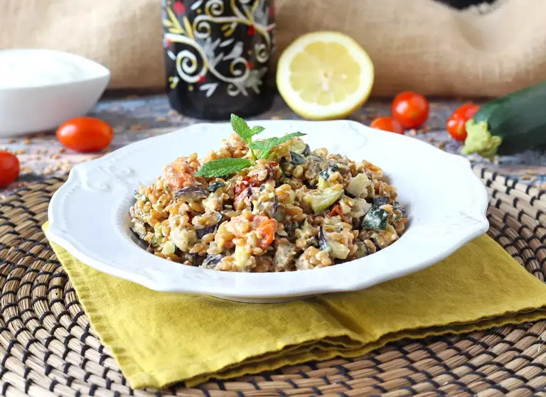 Creamy farro salad with zucchini, eggplant and cherry tomatoes