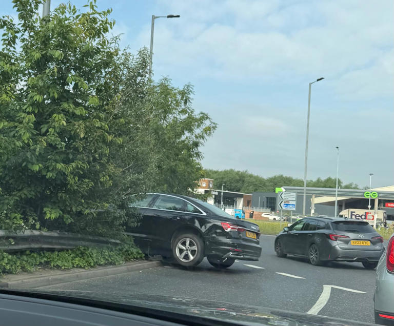 Car stuck in hedge at busy Rotherham roundabout