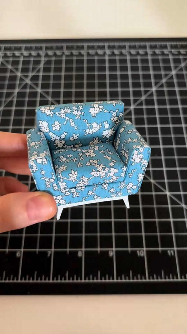 Blue floral mini dollhouse armchair with matching pillow DIY handmade