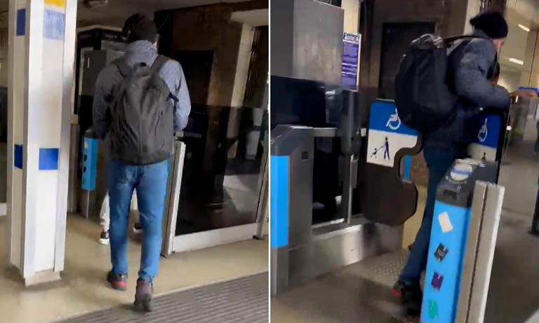 Moment Gucci jacket-wearing fare dodger barges through Tube barriers ...