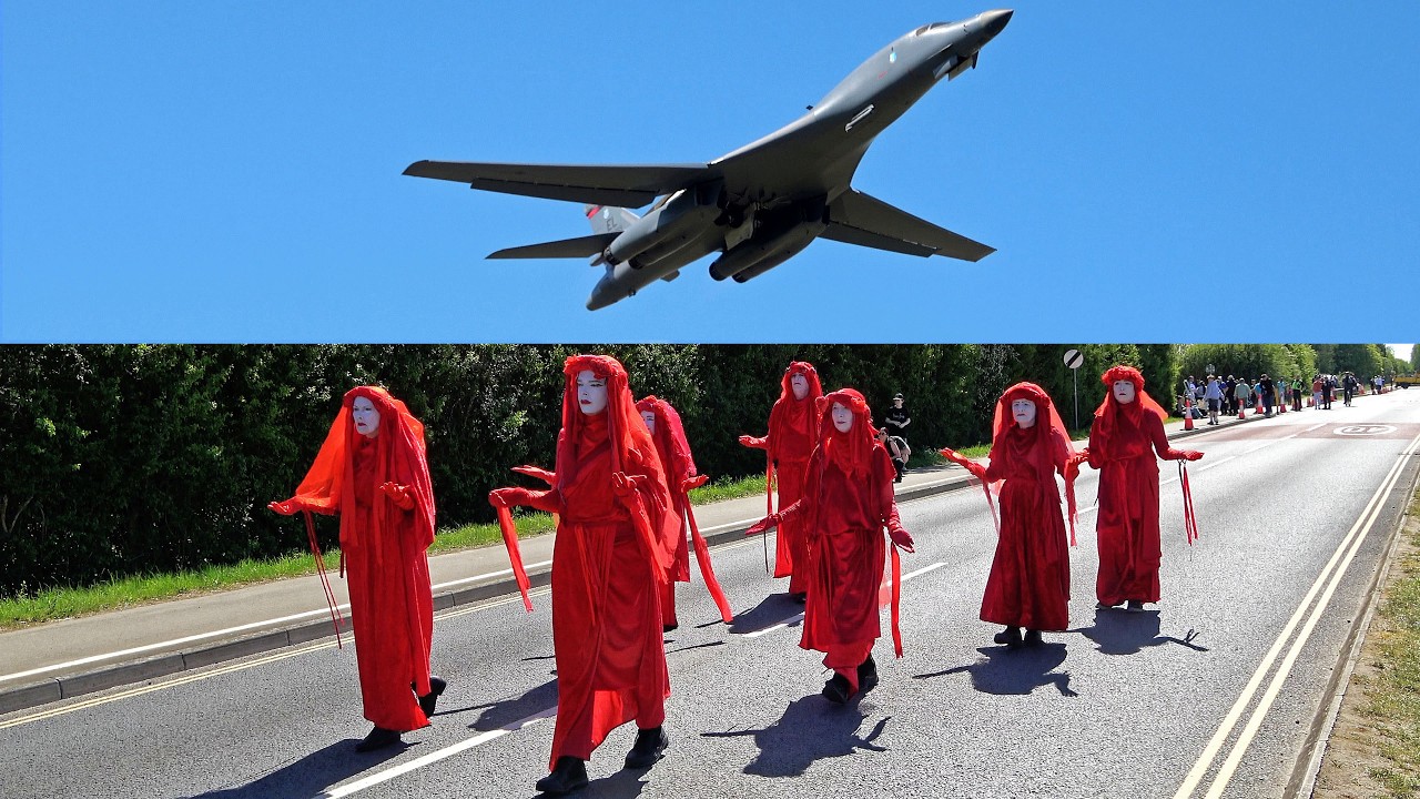 Watch B-1 and B-52 bombers fly over protesters - then the "Bone" steals ...