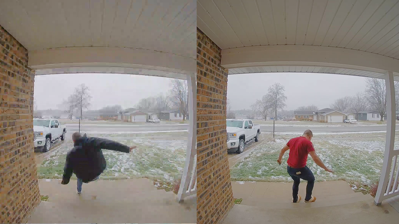 Guy slips and falls on icy steps