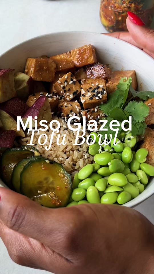 Delicious miso glazed tofu bowl packed with flavor