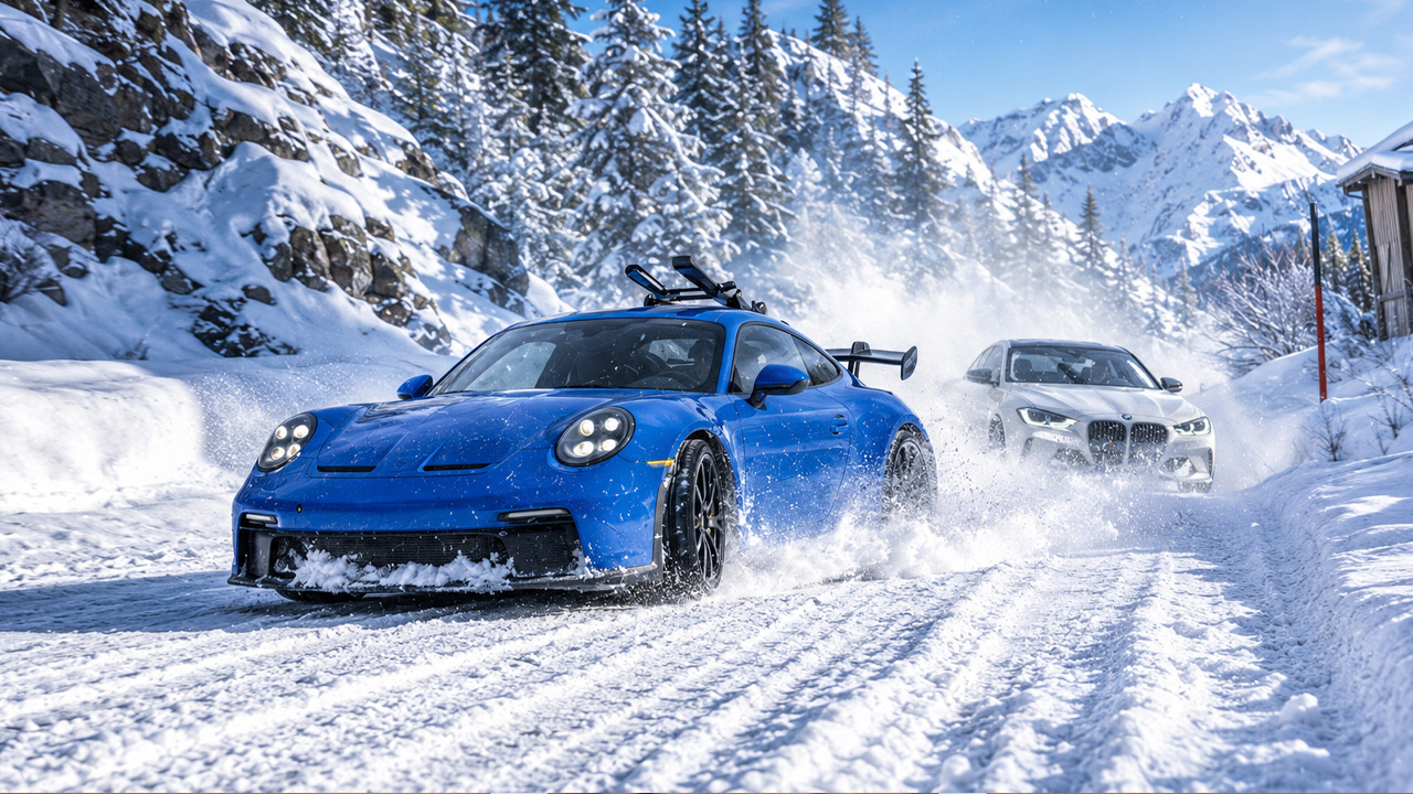 Porsche GT3 and BMW M3 fight snow like rally cars