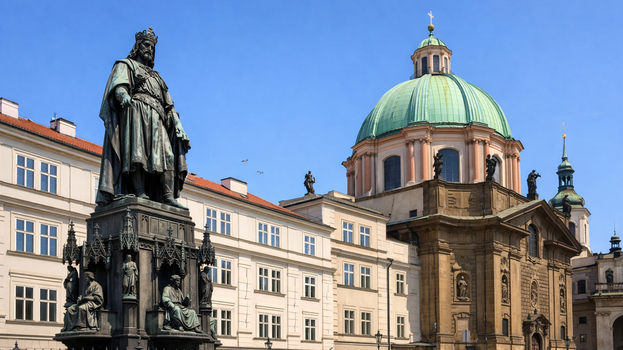 Prague Old Town walk past domes and historic statues