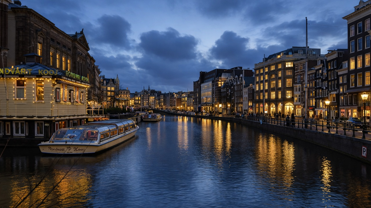 Amsterdam night canals glow after heavy snowfall