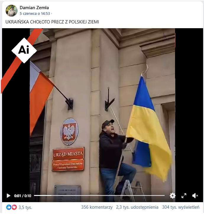 Film z mężczyznami ściągającymi ukraińskie flagi został stworzony przy ...