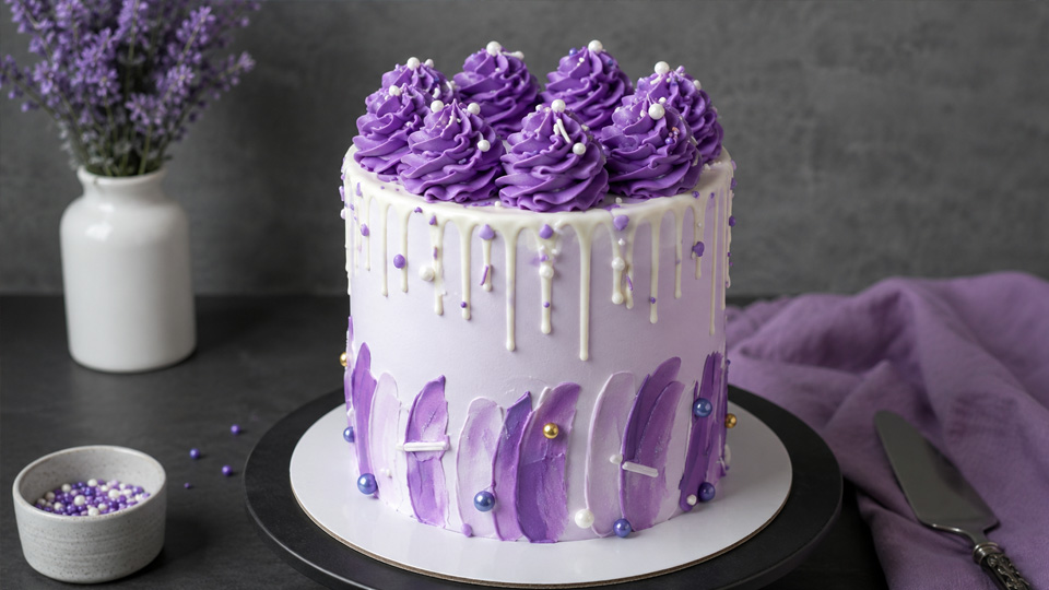 Purple rosettes create a beautiful cake design