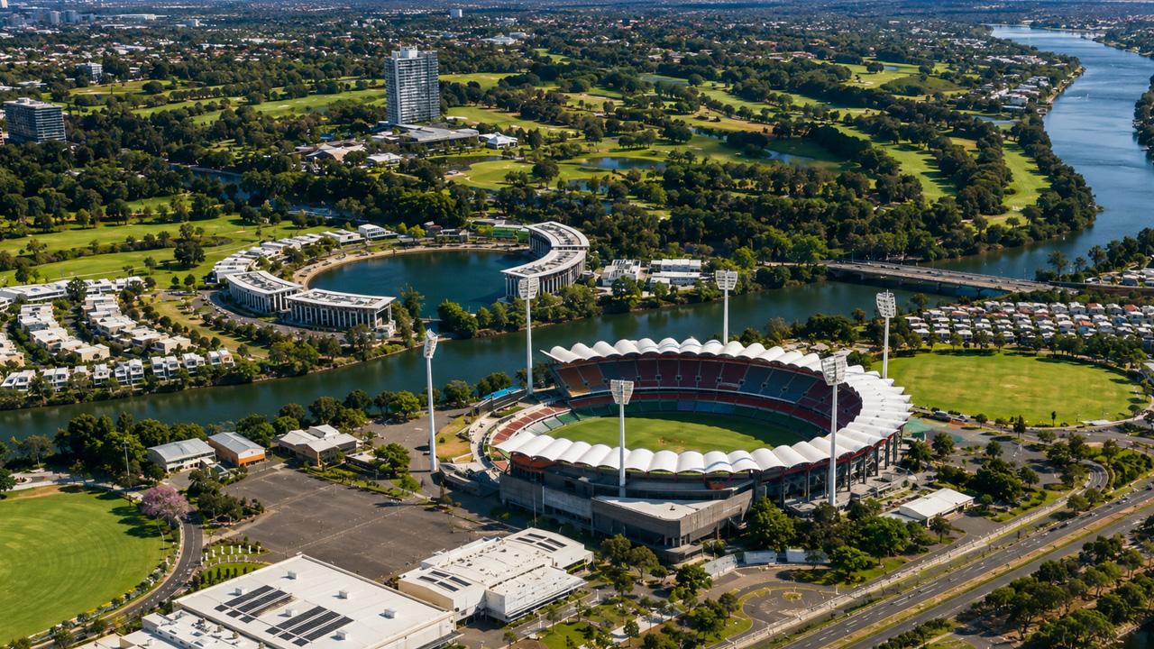 Gold Coast Stadium looks hidden between river and green parks