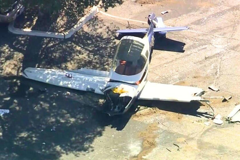 Plane slides off runway in San Fernando Valley after landing gear fails ...
