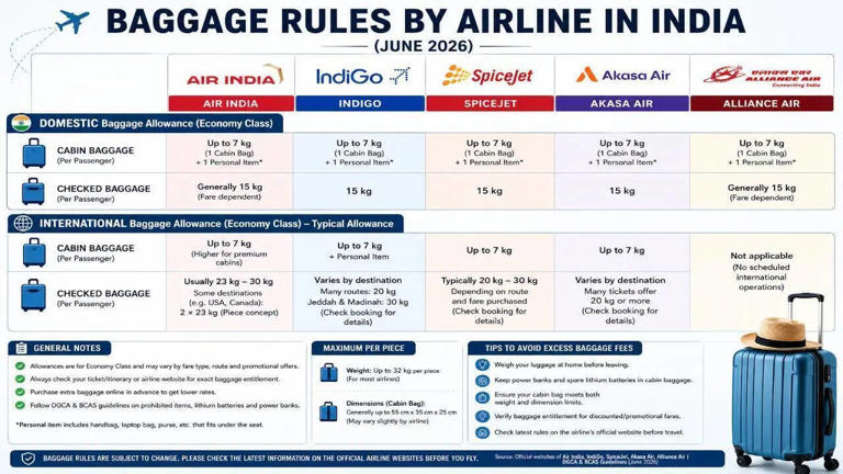 Indian airline baggage rules 2026: Air India, IndiGo, SpiceJet, Akasa ...