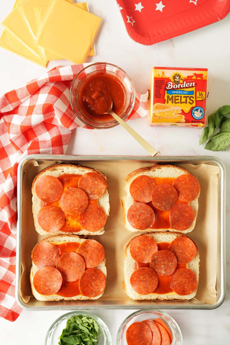 Pepperoni pizza grilled cheese (with basil & marinara)