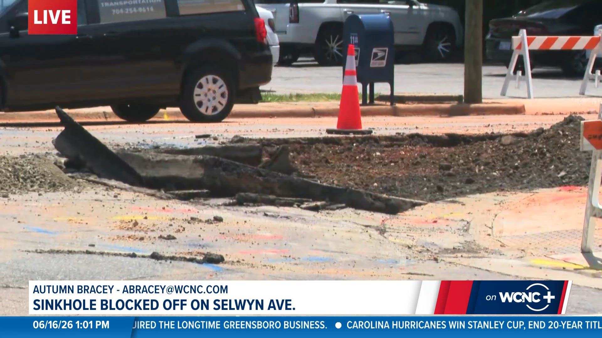Sinkhole blocks off road in southeast Charlotte