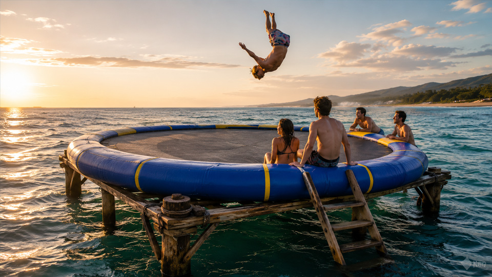 Trampoline built in ocean delivers unstable jumps