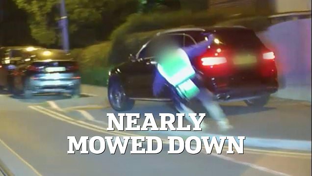 Mercedes driver nearly mows down pedestrian during police chase