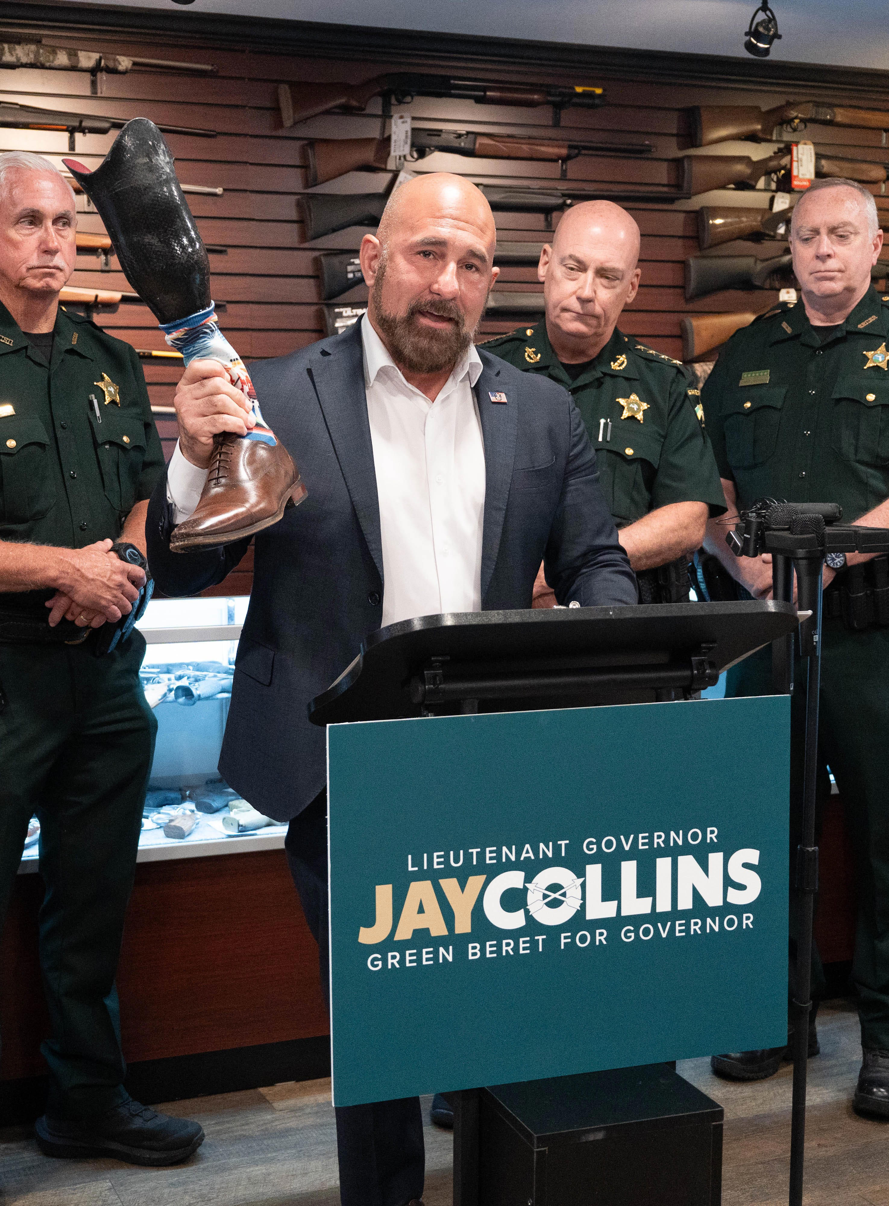 Lt. Gov. Jay Collins uses own prosthetic leg to make 'trophy' point