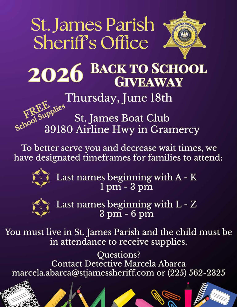 St. James Parish Sheriff's Office hosting back-to-school giveaway