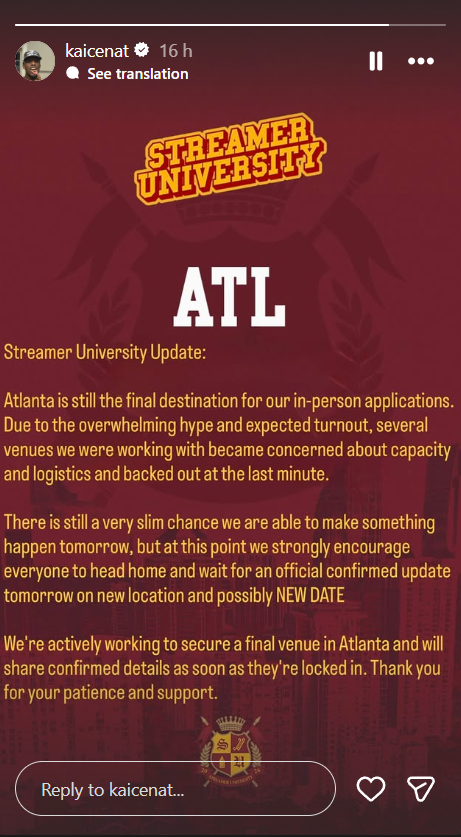 Kai Cenat tells fans to stay home as Atlanta Streamer University event ...