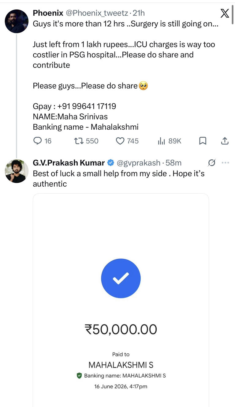 Composer GV Prakash donates Rs 50,000 for medical aid after X user's appeal